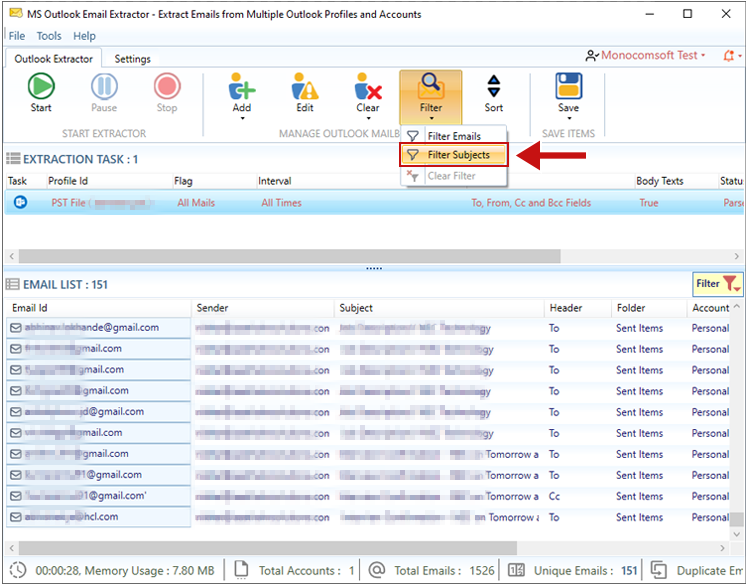 MS Outlook Email Extractor extracts all emails from Microsoft Outlook accounts.