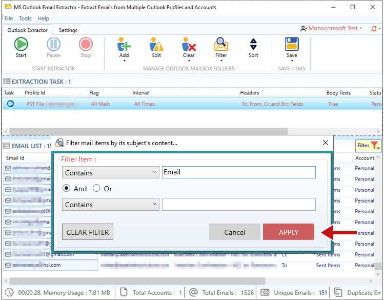 MS Outlook Email Extractor extracts all emails from Microsoft Outlook accounts.
